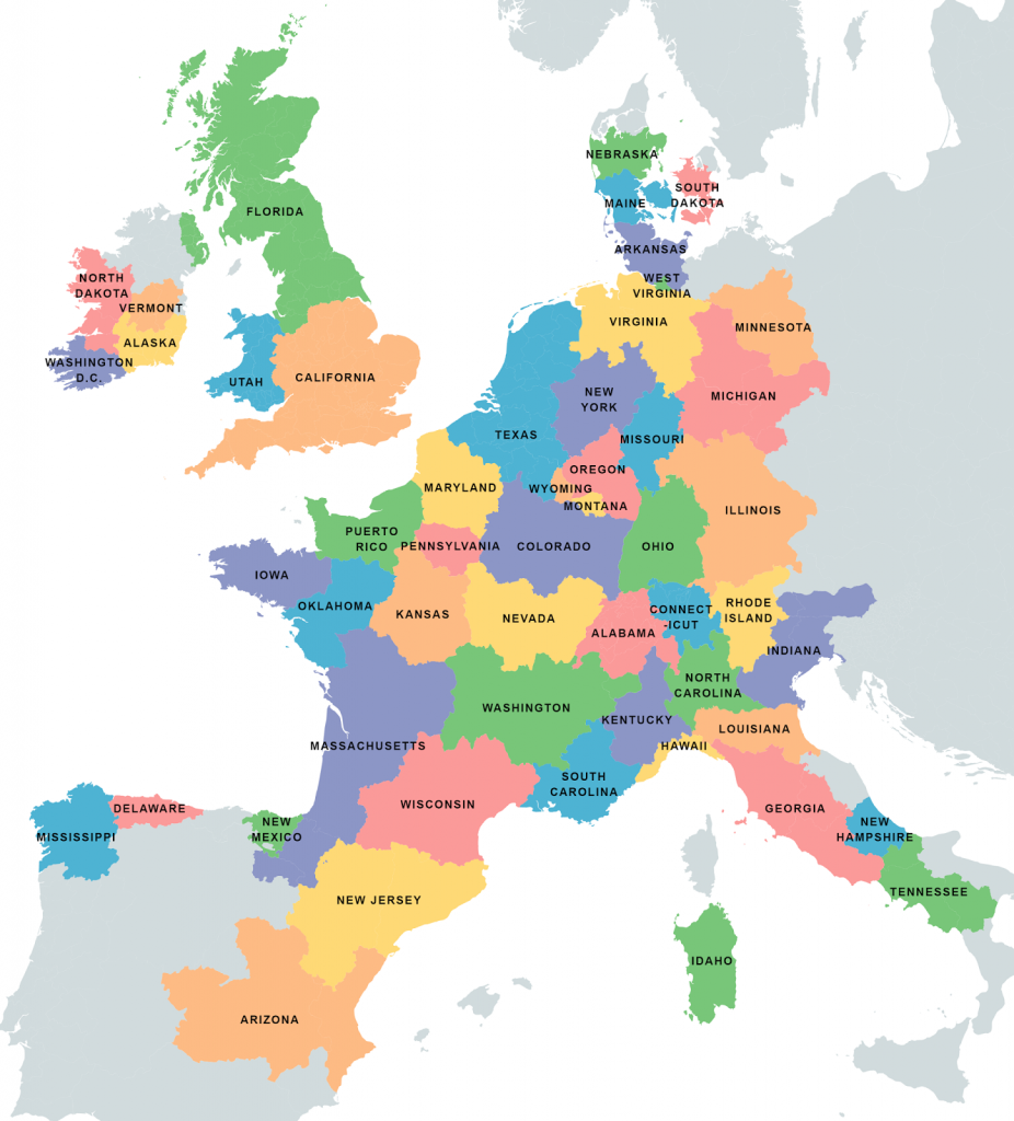 U.S. states overlaid on areas of Europe with equal population - Vivid Maps