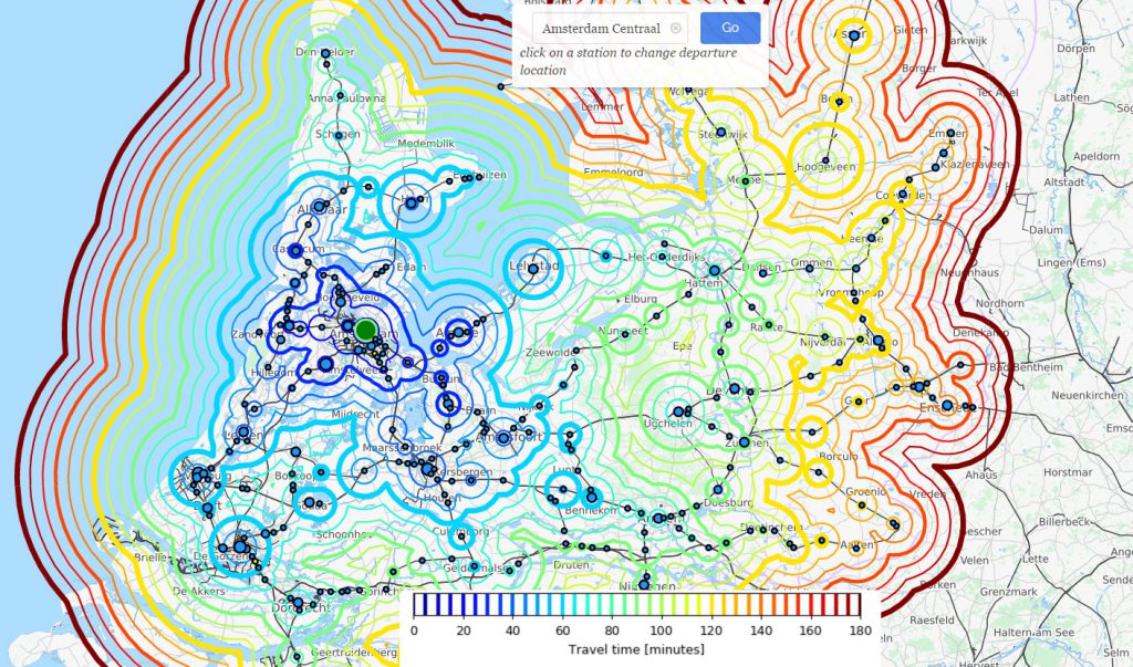 Train and bicycle travel times from Amsterdam - Vivid Maps
