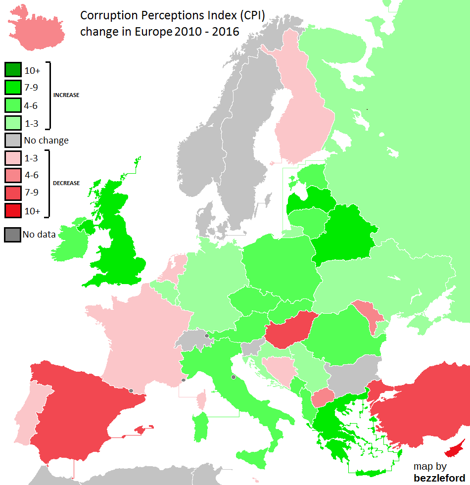 Change in corruption in Europe (2010 - 2016) - Vivid Maps