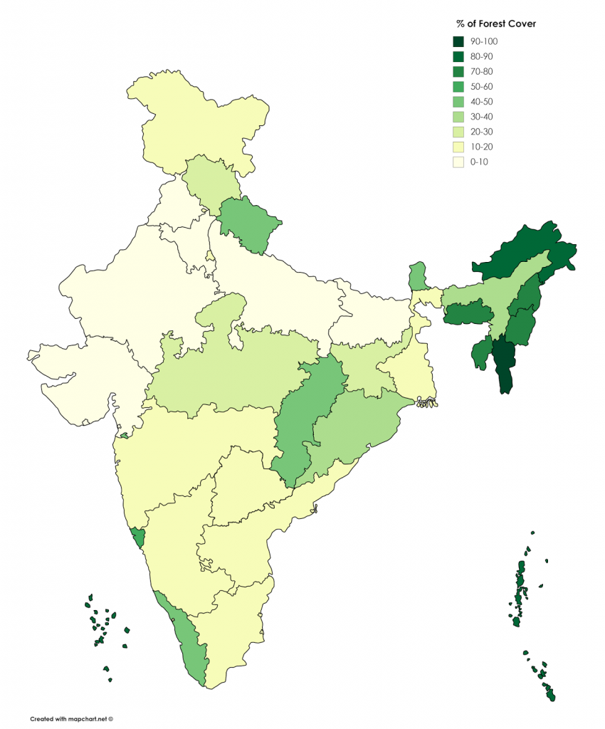 India by % of forest cover - Vivid Maps