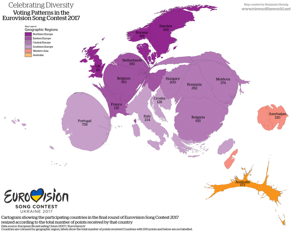 Voting patterns in the Eurovision song contest (2017) - Vivid Maps