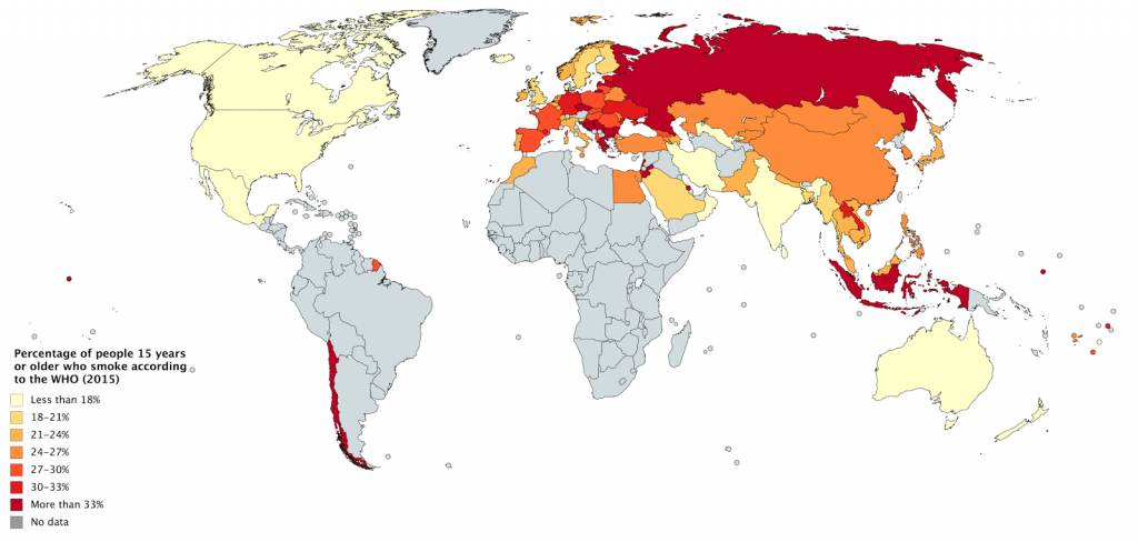 Percentage of people 15 years or older who smoke according to the WHO ...
