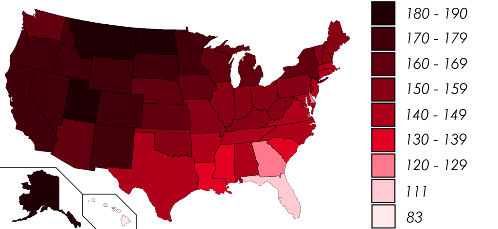 Range between record high and low temperatures in the Unites States in ...