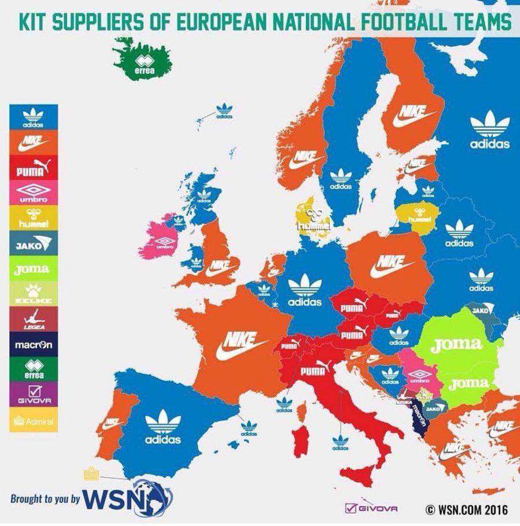 Kit Suppliers of national football teams of european countries - Vivid Maps