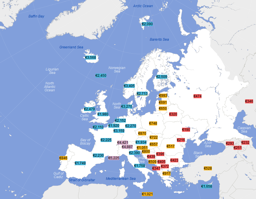 European countries by monthly net average wage in $USD (2017) - Vivid Maps