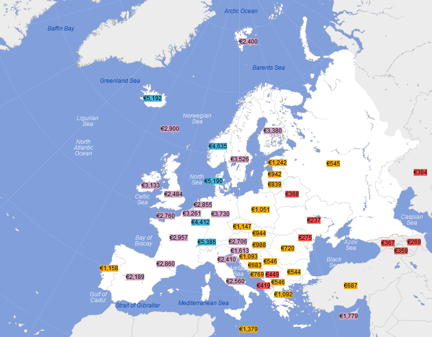 European countries by monthly net average wage in $USD (2017) - Vivid Maps