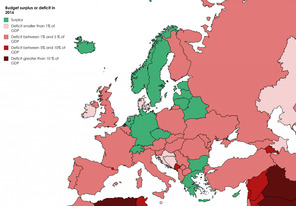 Budget surplus or deficit in European countries (2016) - Vivid Maps