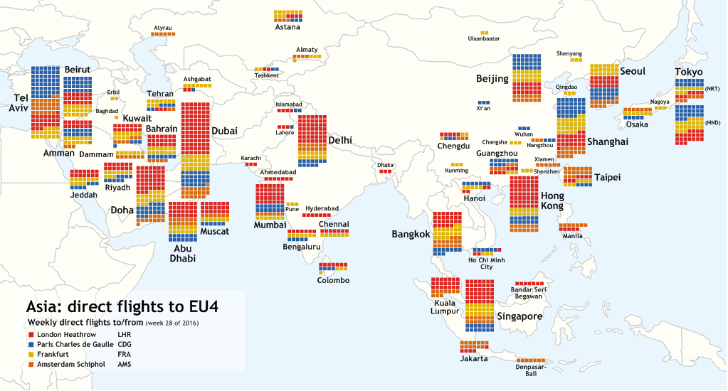 Direct flights to Asia from the four largest European airports - Vivid Maps