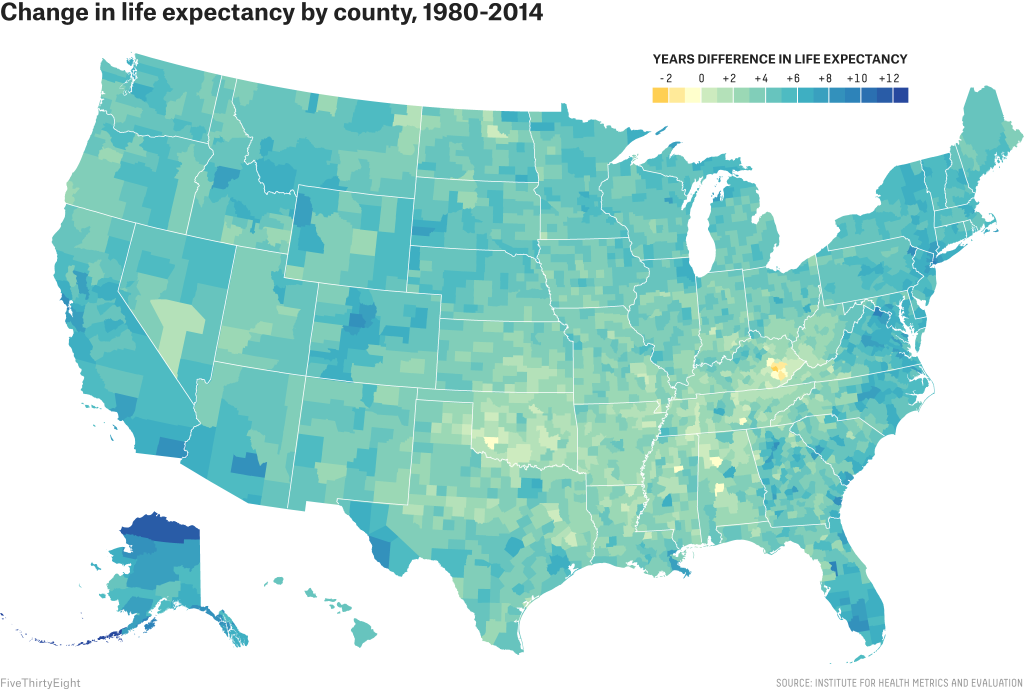 Change in life expectancy by U.S. county (1980-2014) - Vivid Maps