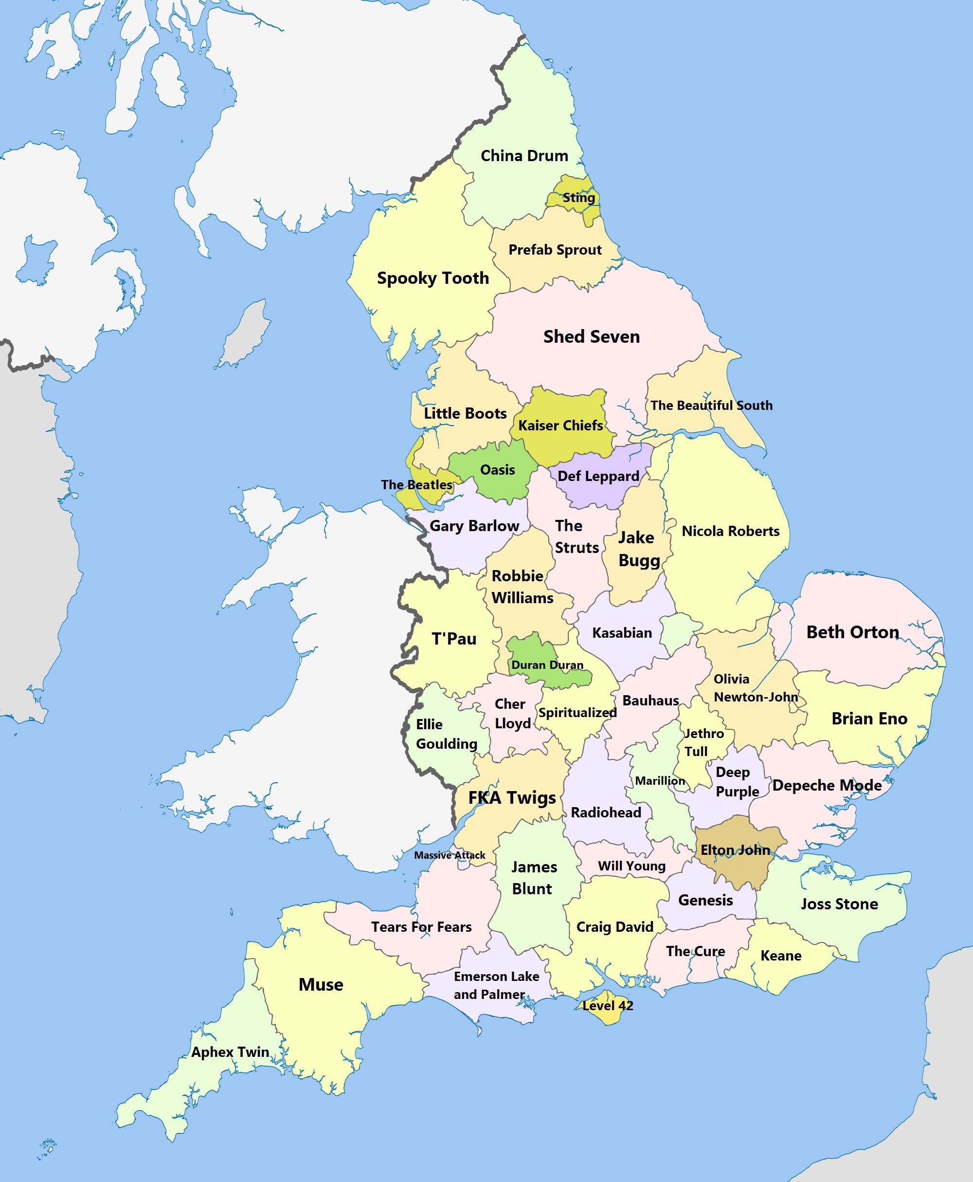 From Elton to Oasis: A Musical Tour of England's Counties - Vivid Maps