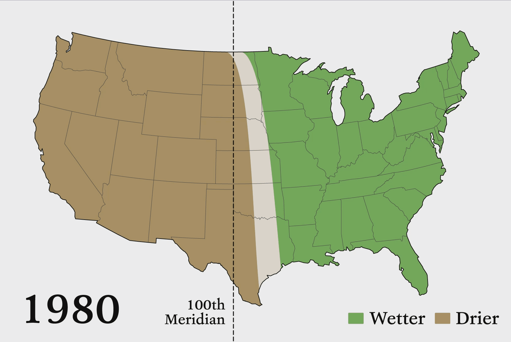 The 100th Meridian has shifted 140 miles east since 1980 - Vivid Maps